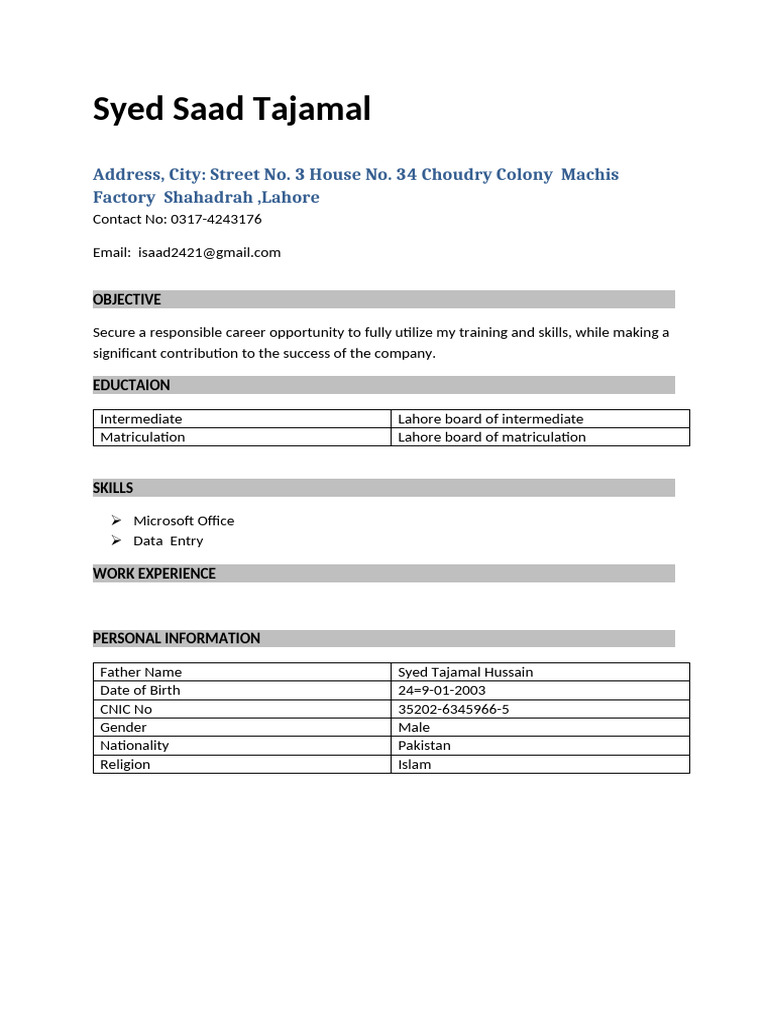 Syed Saad Tajamal CV | PDF