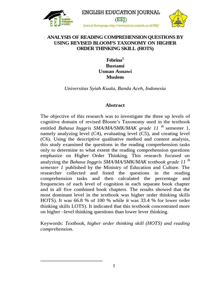 Analysis of Reading Comprehension Questions by Using Revised Bloom's ...