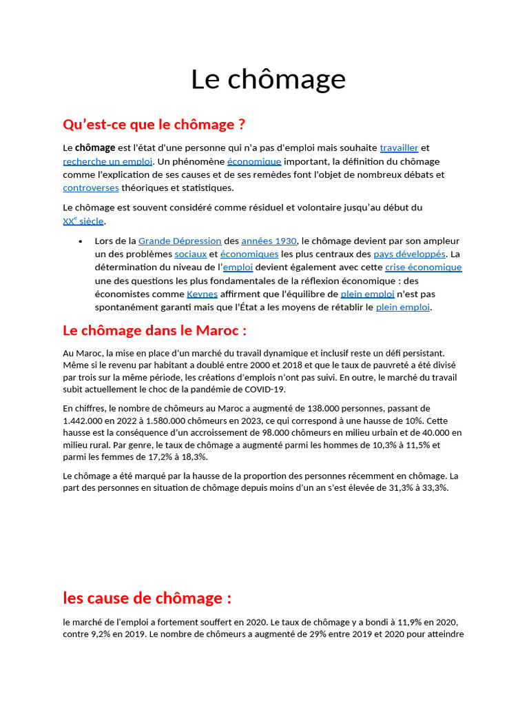 Le Chômage Pour Le Projet | PDF