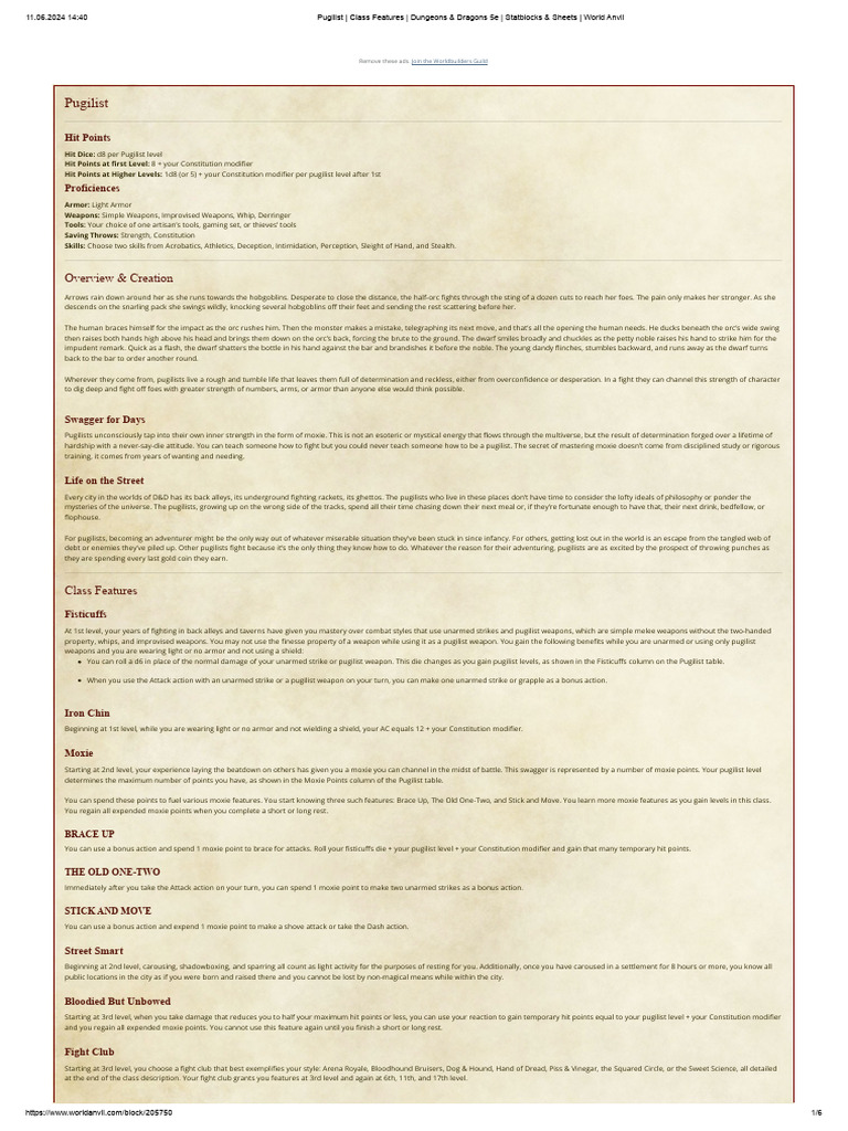 Pugilist _ Class Features _ Dungeons & Dragons 5e _ Statblocks & Sheets ...