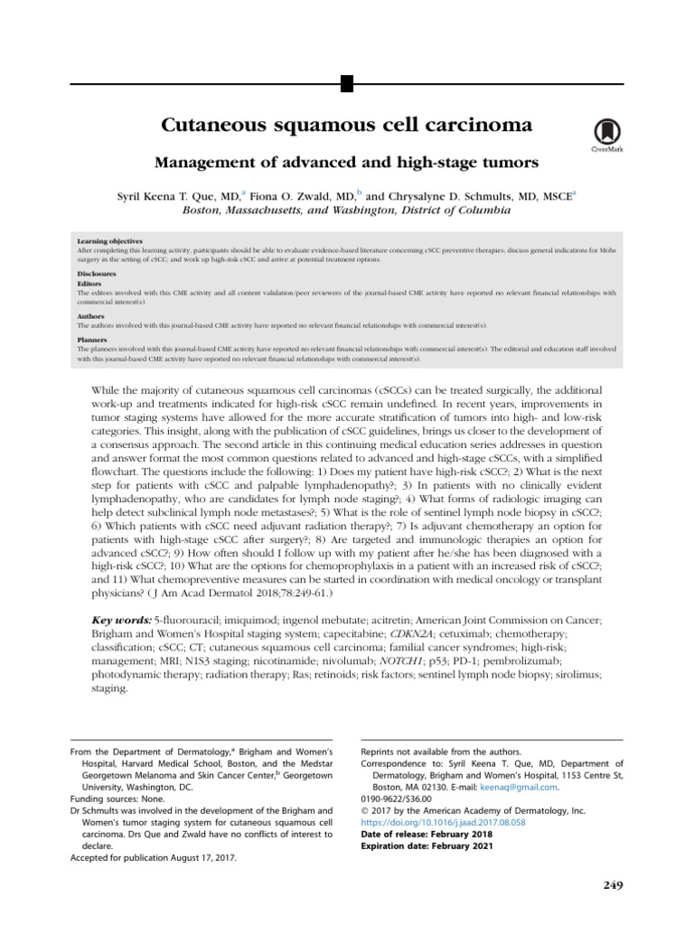 Cutaneous Squamous Cell Carcinoma - Management of Advanced and High ...