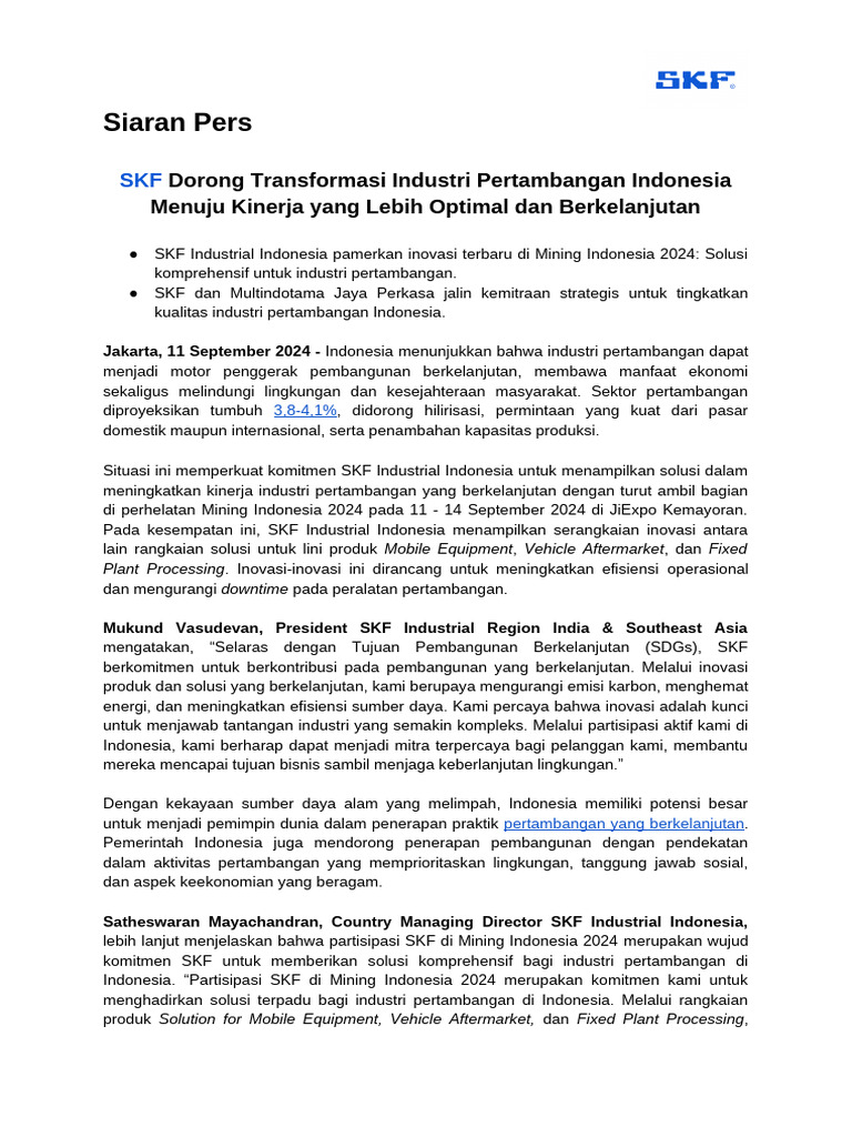 Siaran Pers - SKF Di Mining Indonesia 2024 | PDF