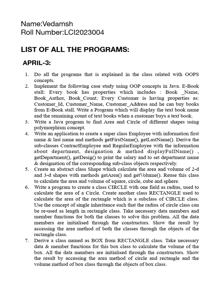 LCI2023004 Vedamsh OOPS LAB Assignment | PDF | Method (Computer Programming) | Class (Computer ...