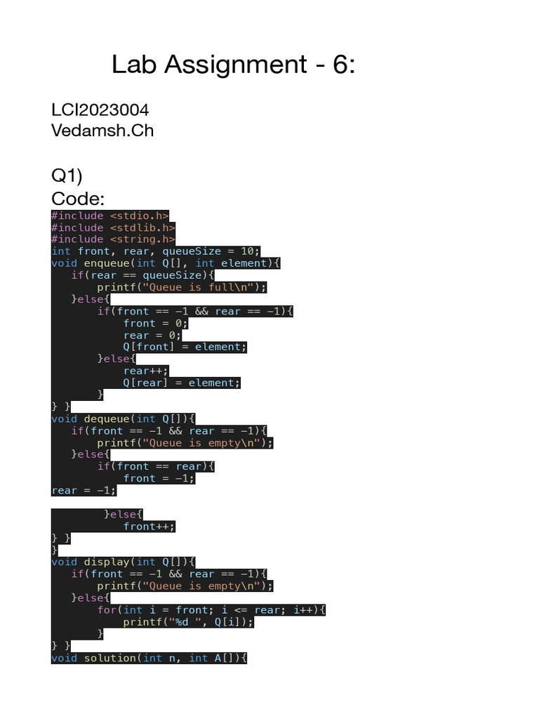 LCI2023004 Vedamsh Lab6 DS | PDF | Queue (Abstract Data Type) | Computer Engineering