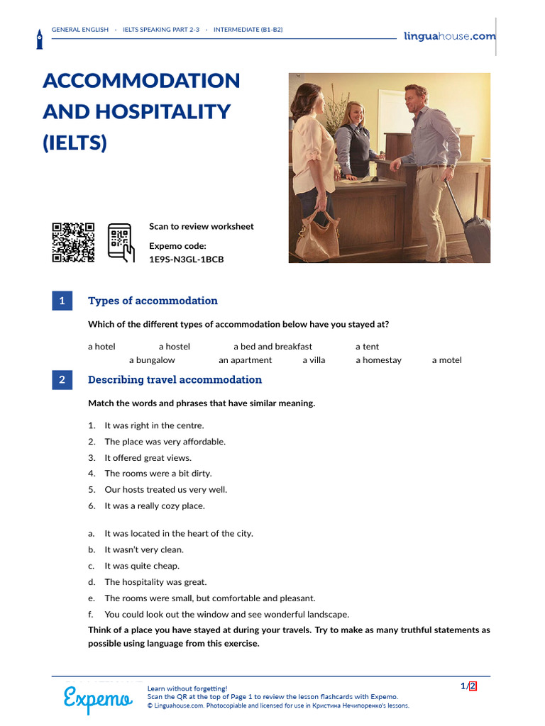 Accommodation and Hospitality Ielts British English Student B1 B2 | PDF