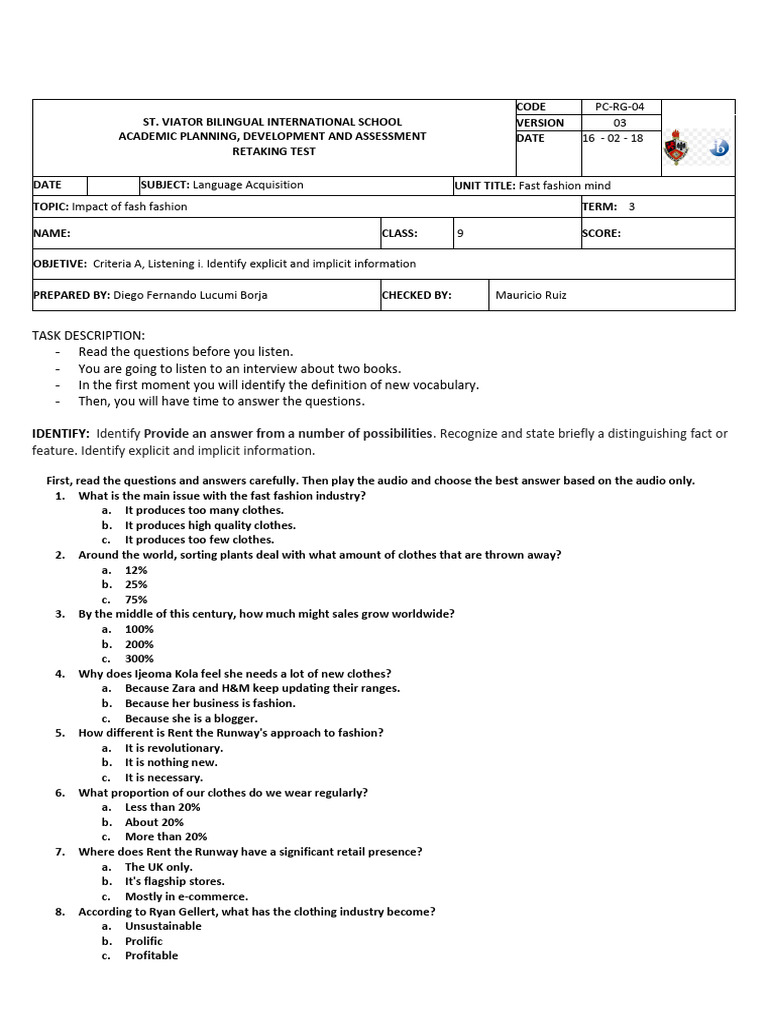 UNIT3 - Retaking Test - listeningSUMMATIVE1 | PDF