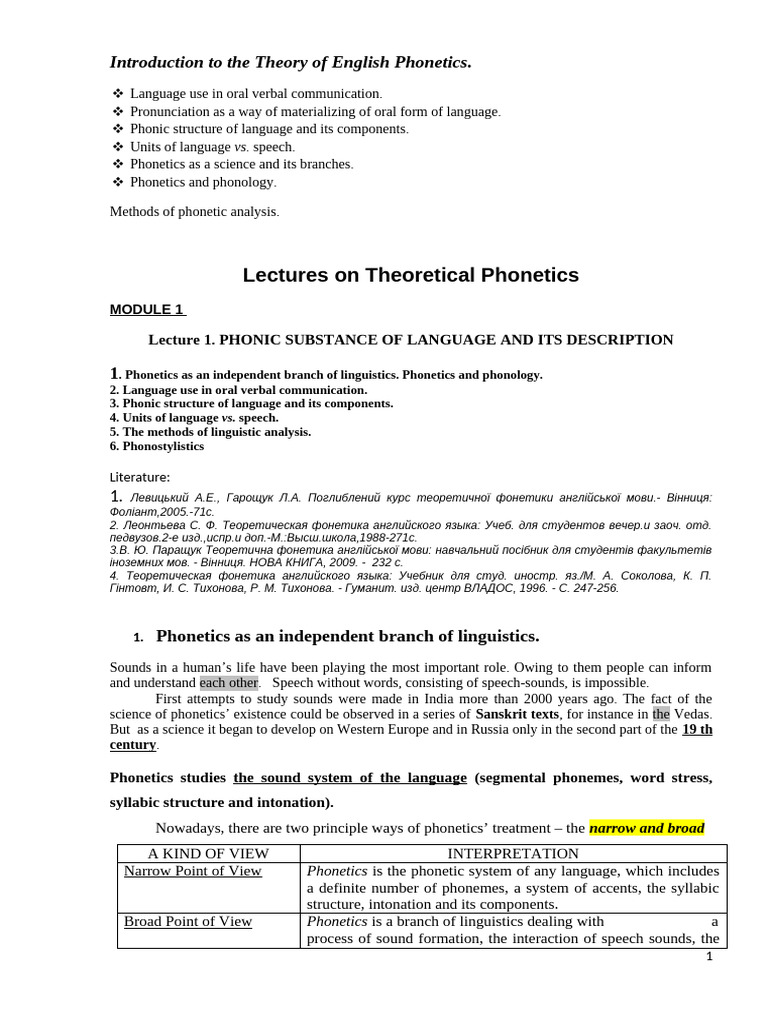 Lecture 1 Introduction To The Theory of English Phonetics. Office Word | PDF