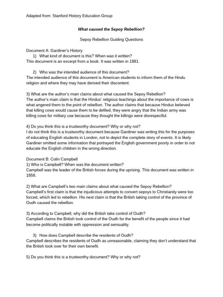 The Sepoy Rebellion Response Sheet | PDF