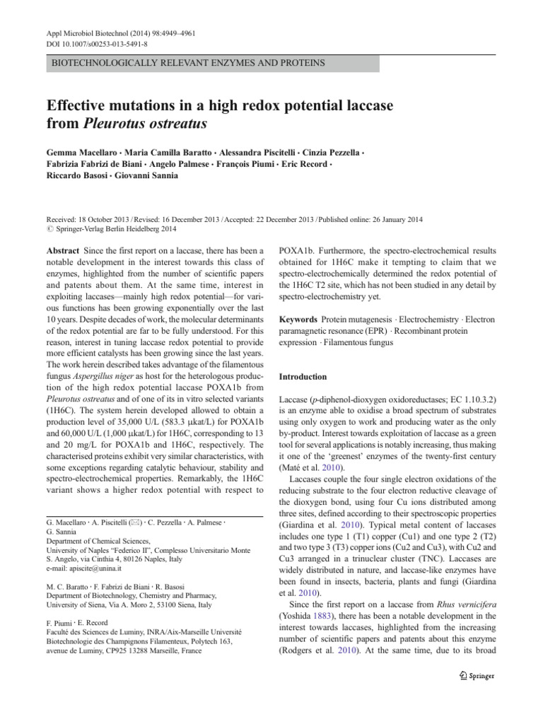 Macellaro y Col. 2014. Effective Mutations in A High Redox Potential Laccase P. Ostreatus | PDF