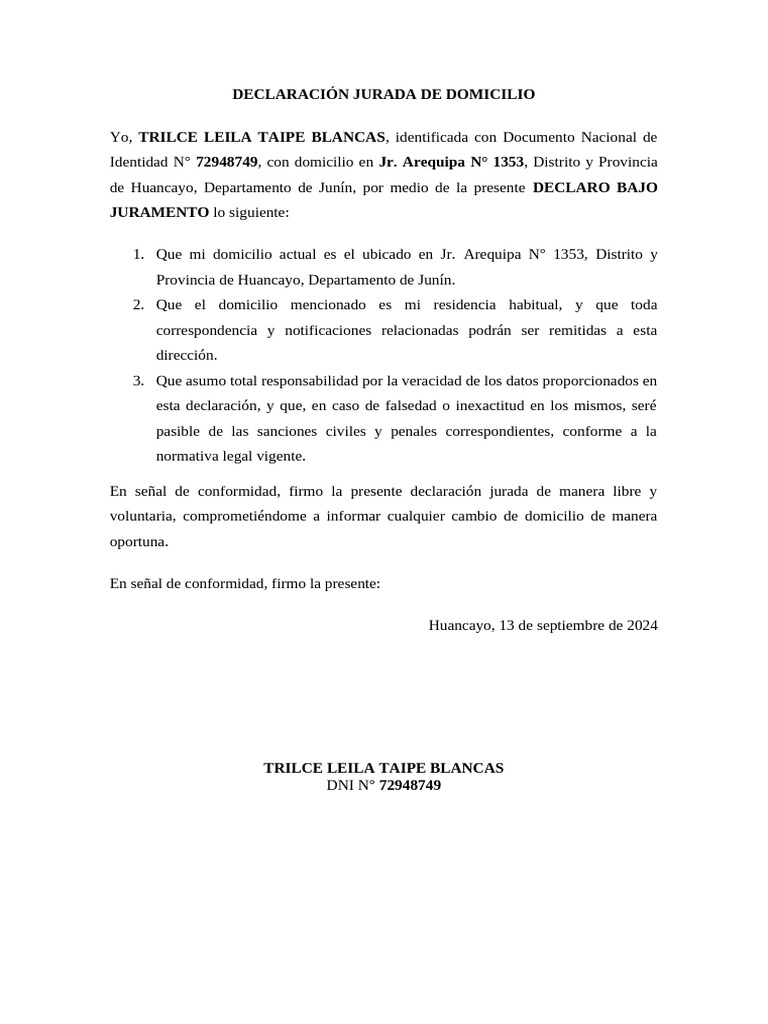 DECLARACIÓN JURADA Domiciliaria | PDF