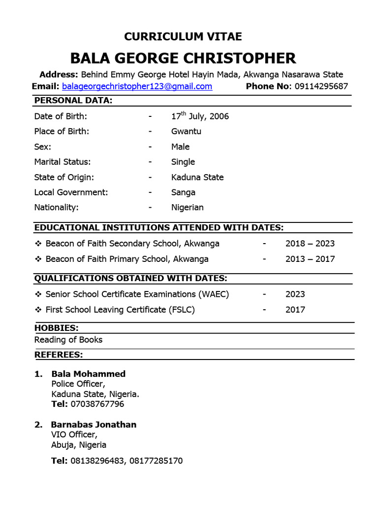 Curriculum Vita Bala George Christopher | PDF