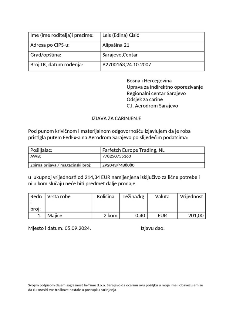 Izjava Za Carinjenje Charles Mudrovčić | PDF