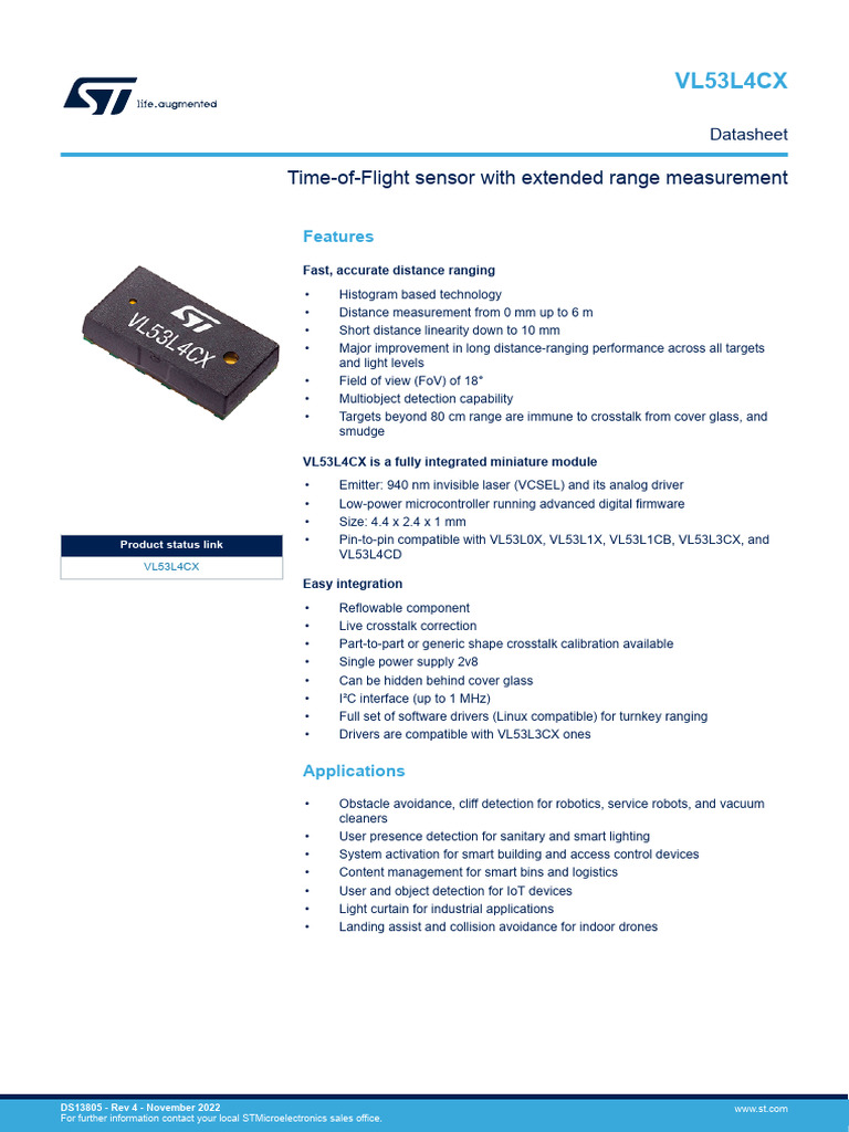 Time-of-Flight Sensor With Extended Range Measurement: VL53L4CX | PDF