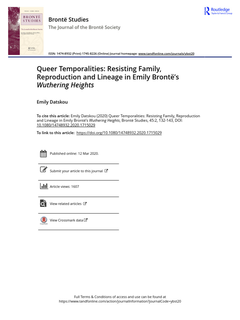Queer Temporalities Resisting Family Reproduction and Lineage in Emily Bront S Wuthering Heights ...