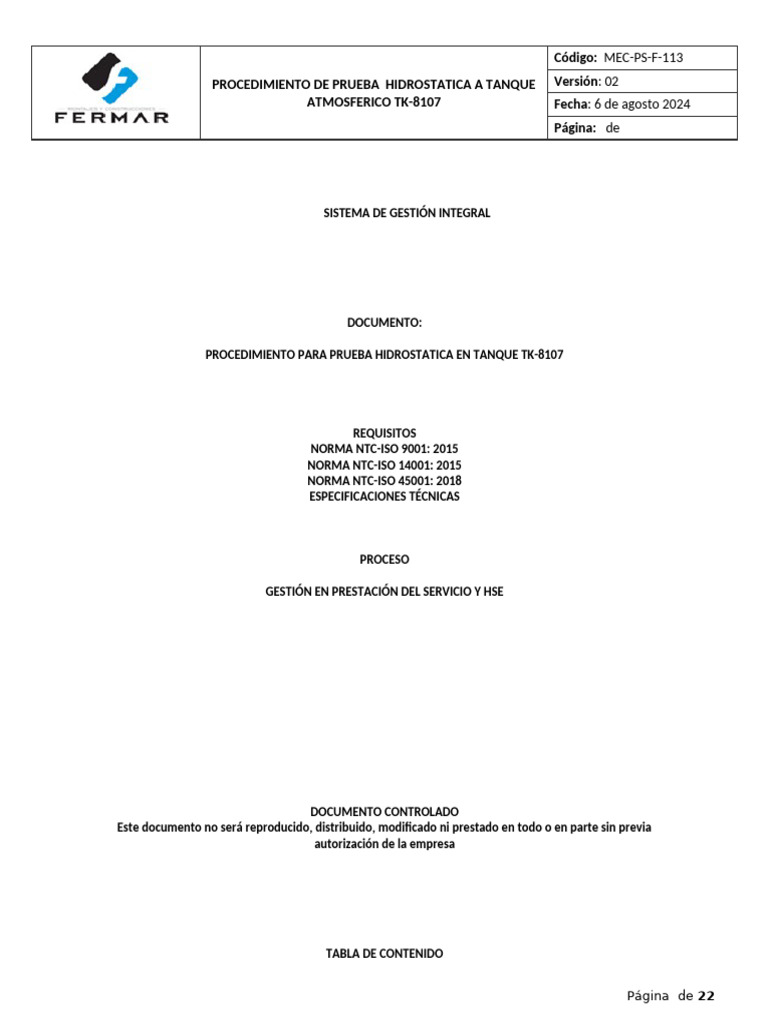 MEC-PS-F-113 - Prueba Hidrostática TK 8107 - Sebastopol - REV 2 | PDF