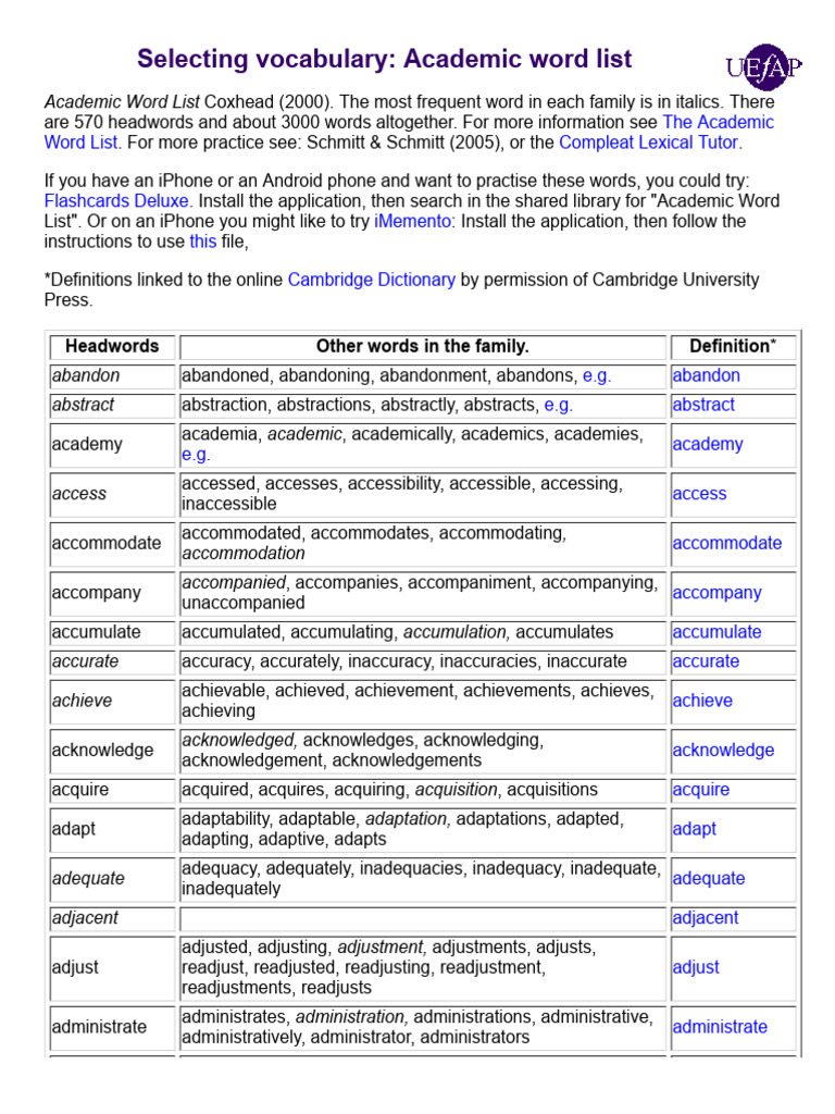 Selecting Vocabulary: Academic Word List | PDF