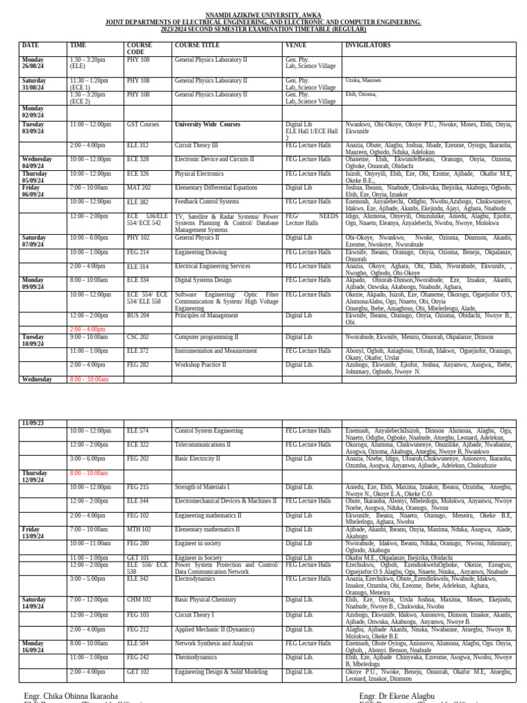 New Exam timetable 23_24 2nd Semester for ELE and ECE-1 | PDF