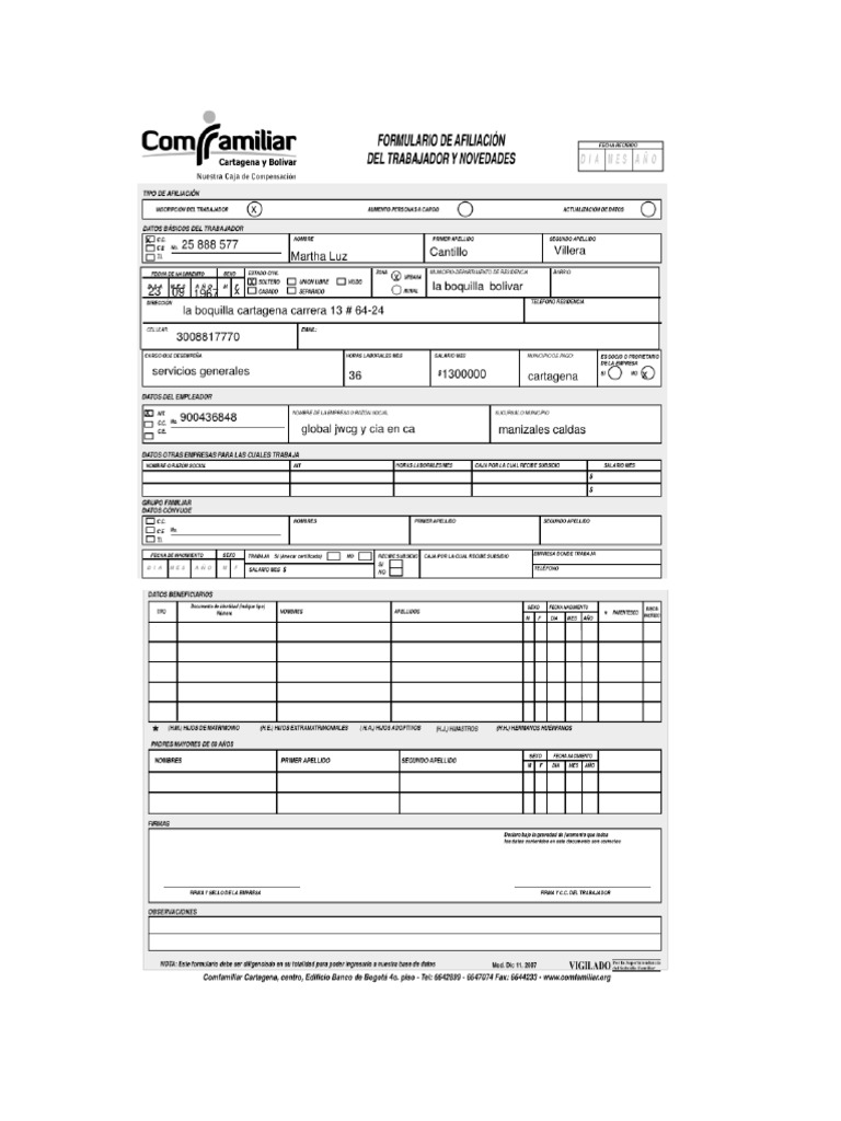 Formulario de Afiliacion de Confamiliares Cartagena | PDF