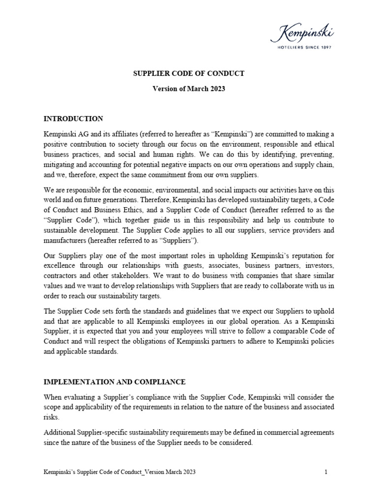 Kempinski's Supplier Code of Conduct Only - 2023 | PDF