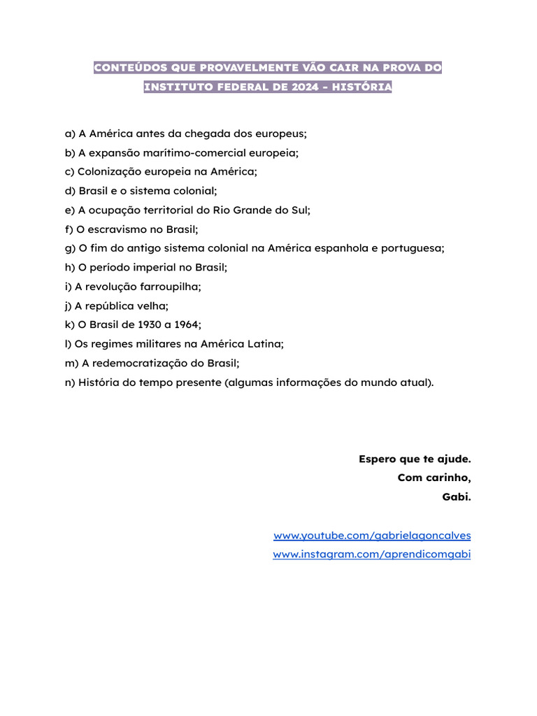 Conteúdos Que Provavelmente Vão Cair Na Prova Do Instituto Federal de ...