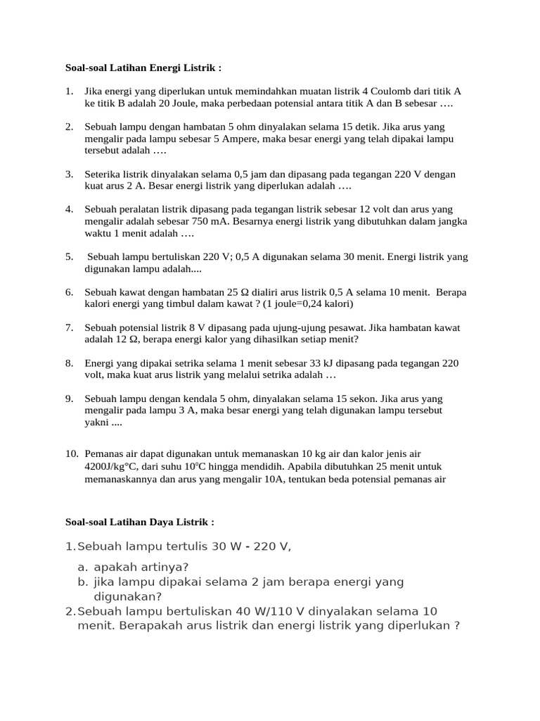 Soal Latihan Energi Listrik | PDF