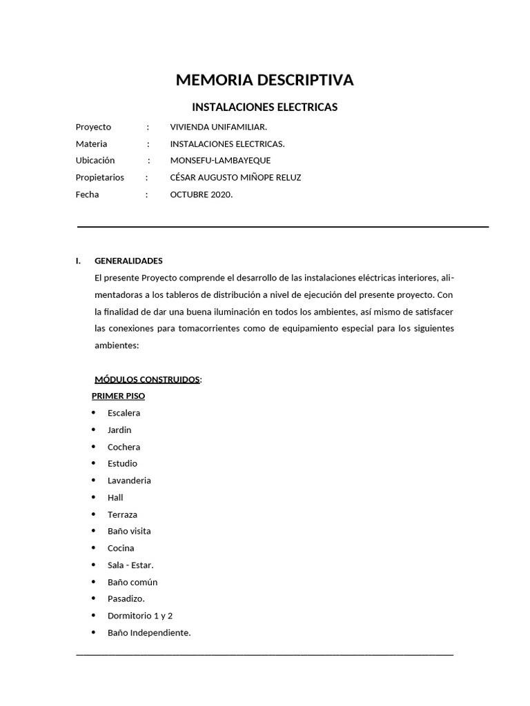 Memoria Descriptiva - Instalaciones Electricas Ok | PDF