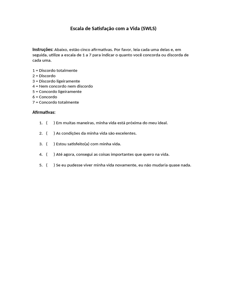 Escala de Satisfação Com A Vida (Satisfaction With Life Scale - SWLS) | PDF