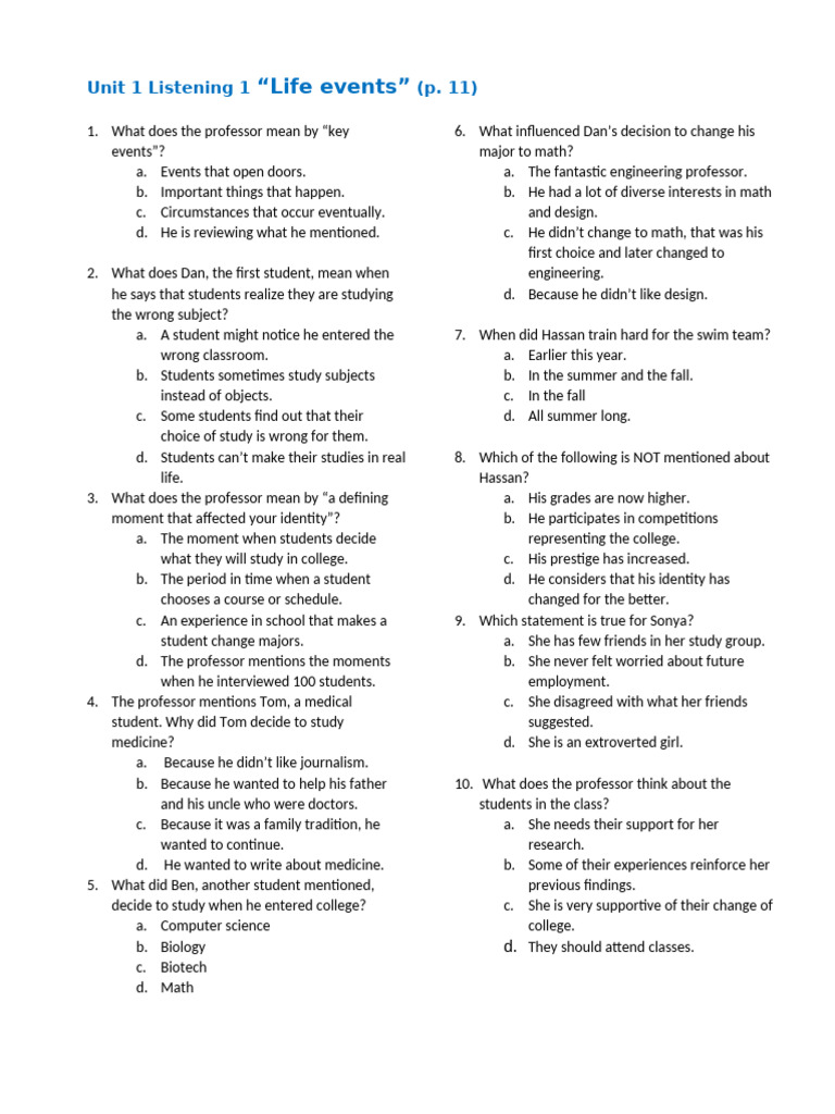 Unit+1+Listening+1+Life+Events | PDF