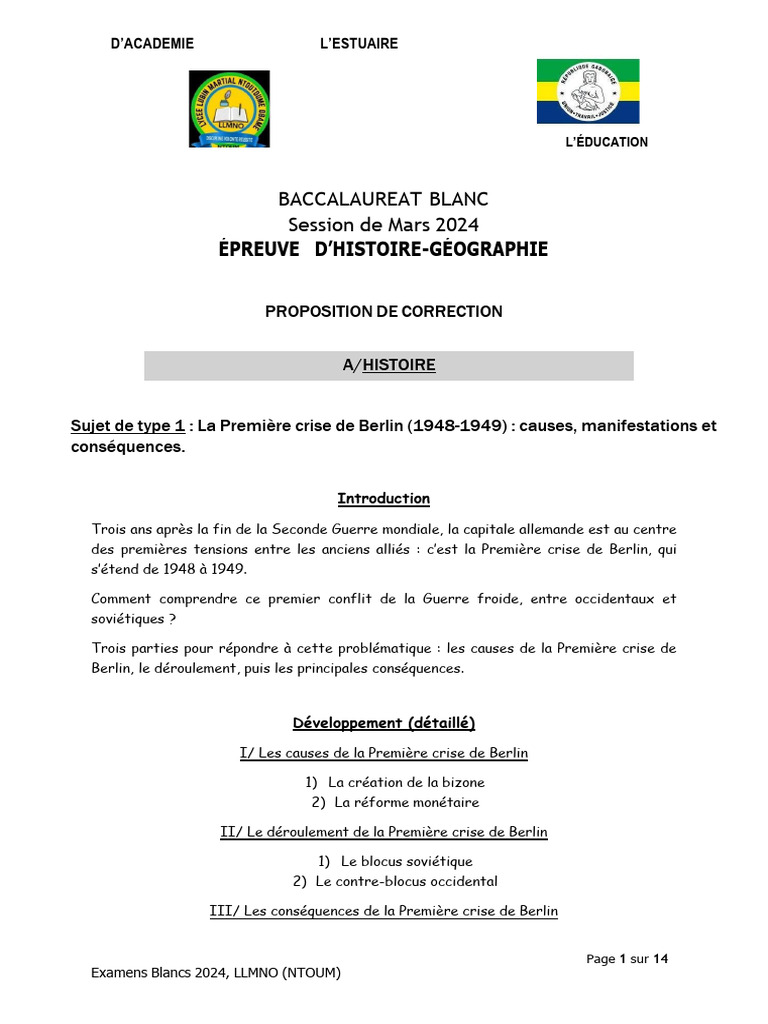 BAC BLANC Propositions de Correction 2024 | PDF