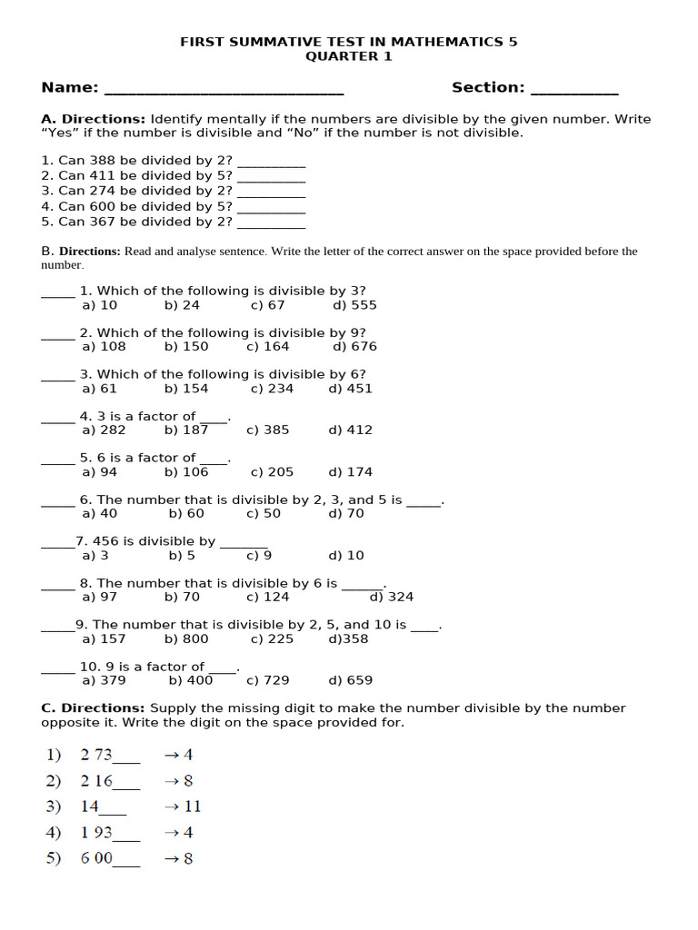 FIRST SUMMATIVE TEST IN MATHEMATICS 5 Q1 | PDF