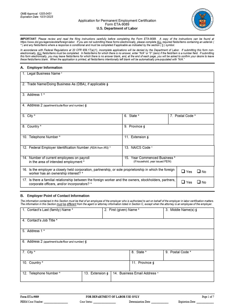 Form ETA-9089 - Application For Permanent Employment Certification ...