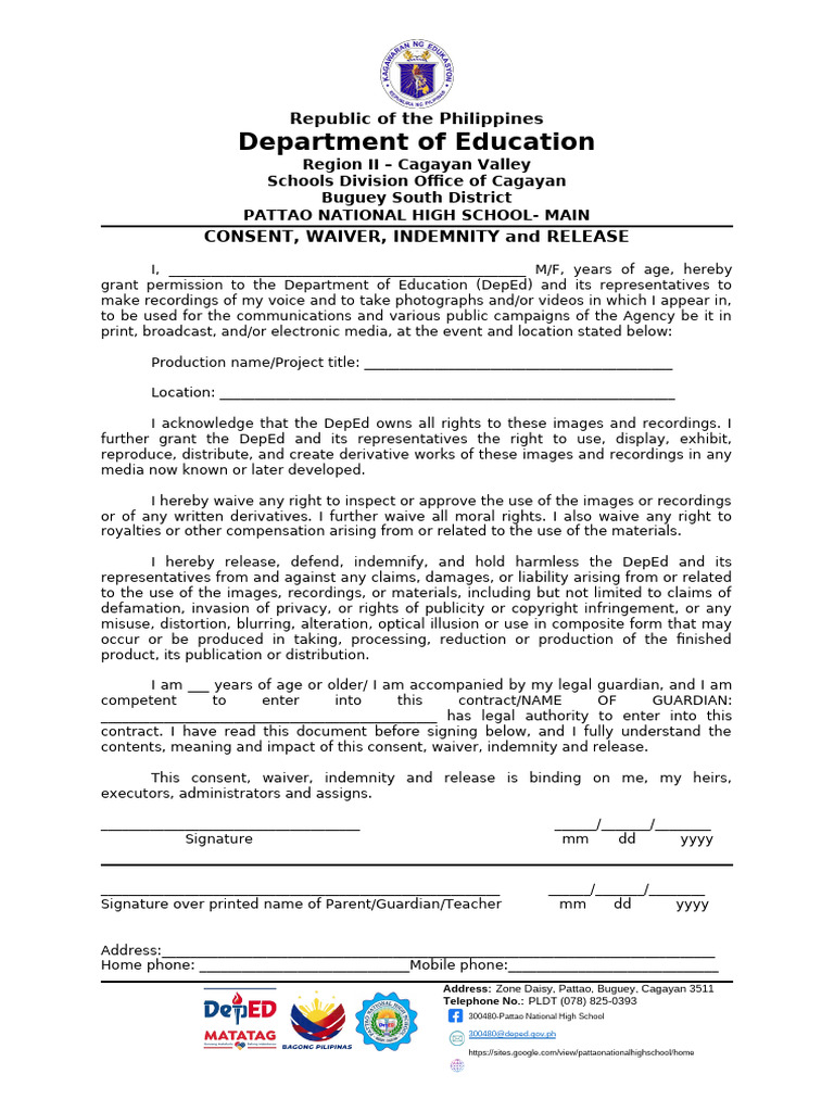 Consent for Media Use at Pattao High School | PDF | Indemnity | Civil ...
