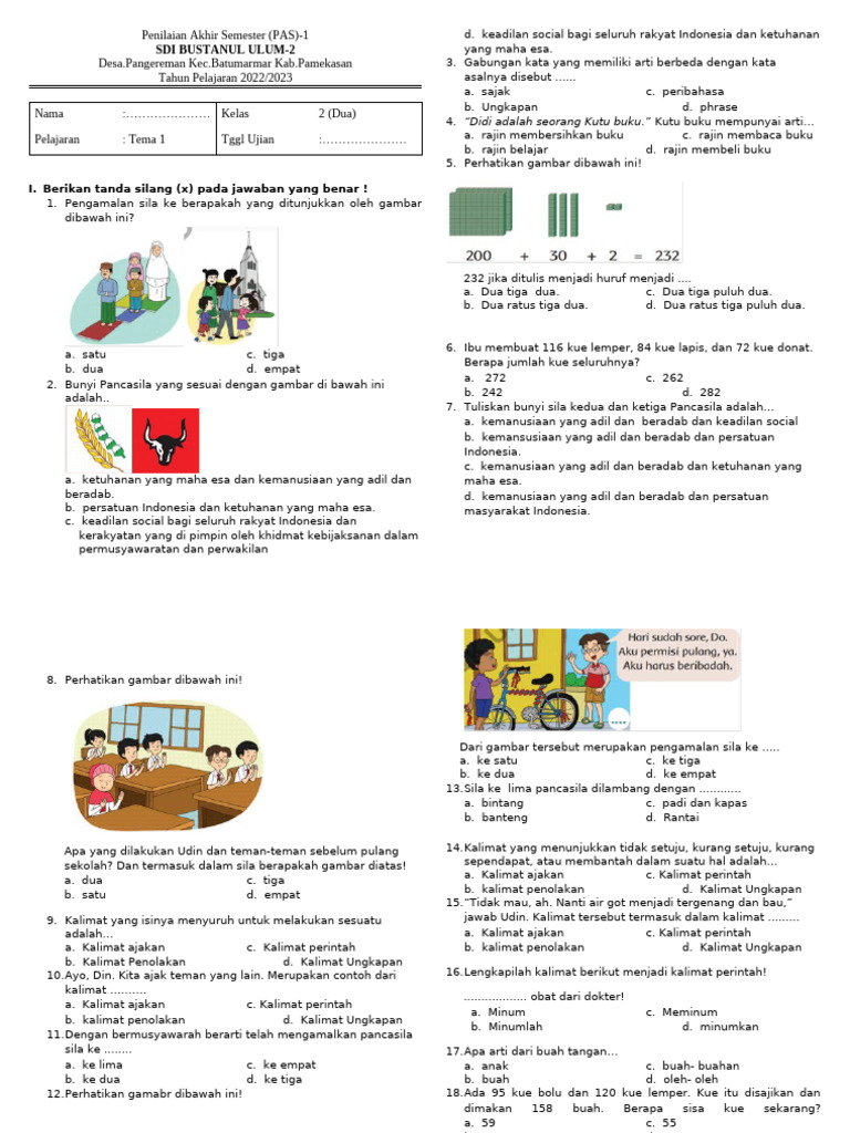 Soal PAS Kelas 2 Sem 1 Tema 1 | PDF