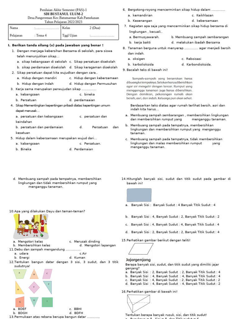 Soal PAS Kelas 2 Sem 1 Tema 4 | PDF