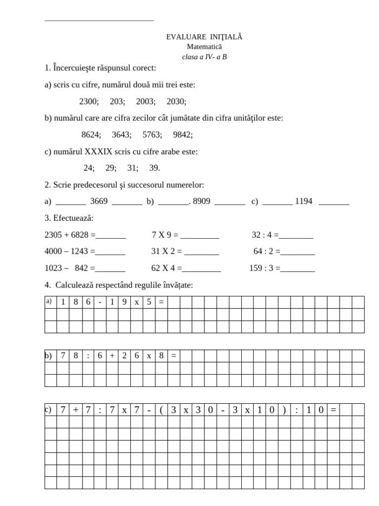 Evaluare. Initiala Mate Cl.4 2022 | PDF
