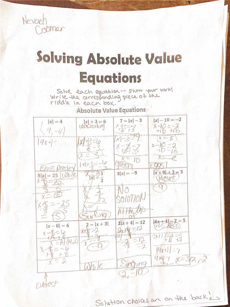 Missing Assignment - Solve Absolute Value Equations | PDF