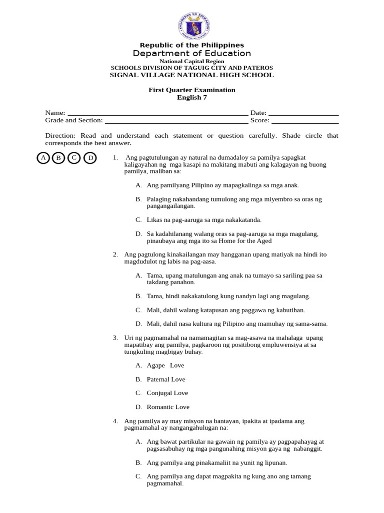 Exam Template JHS 1 | PDF