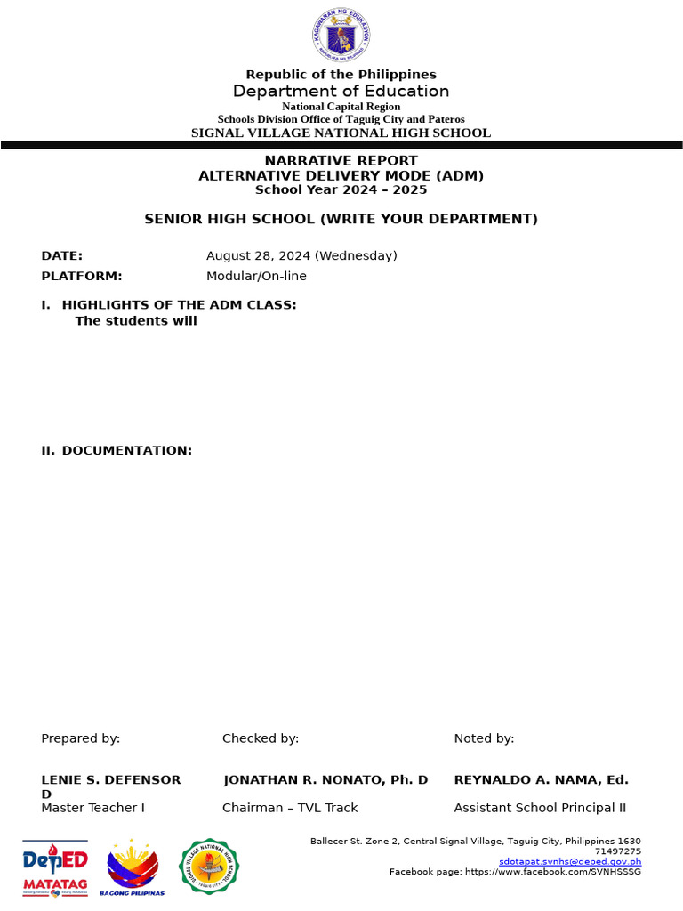 SHS FORM E Narrative Repor T ADM | PDF