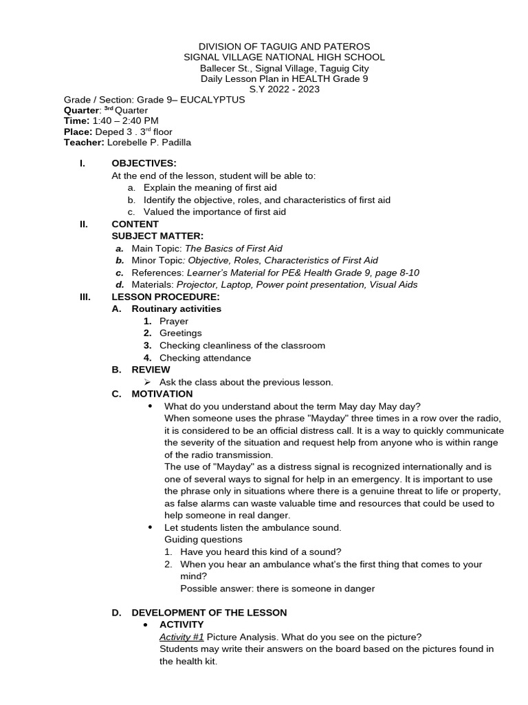 Lesson Plan in Final Demo First Aid | PDF