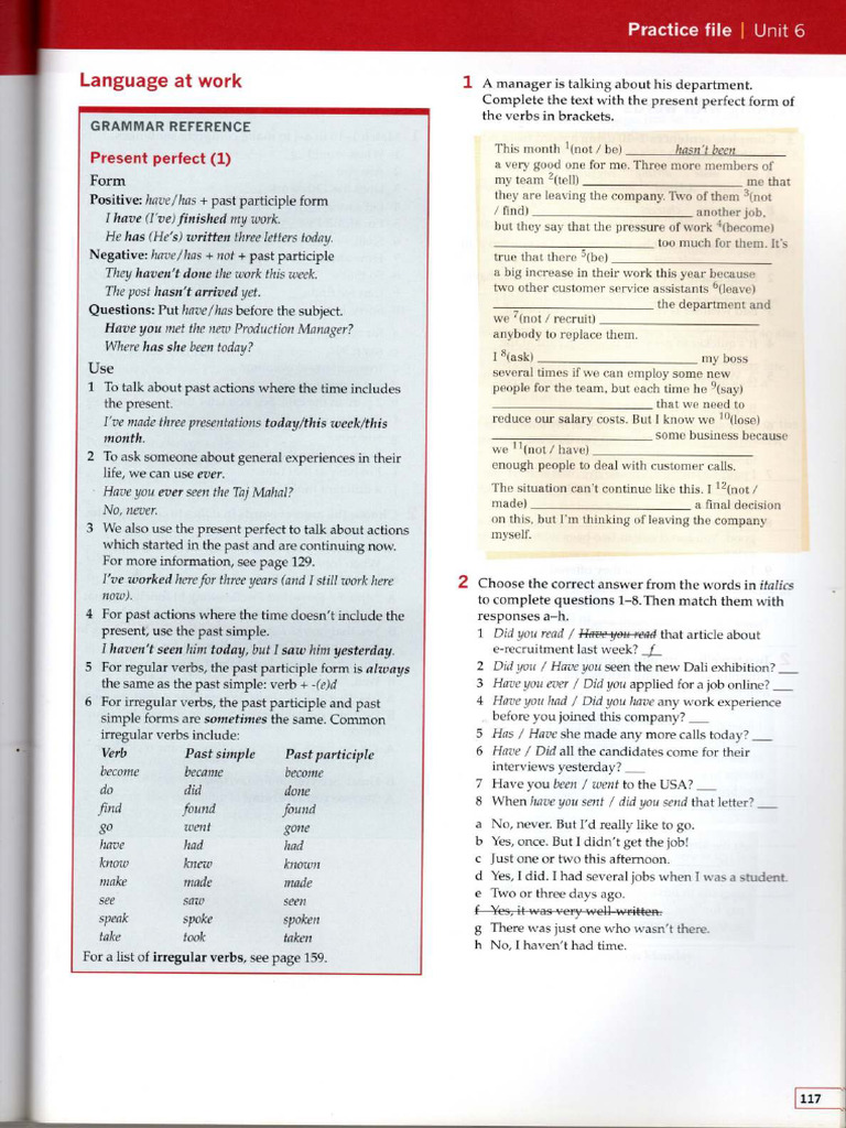 Present Perfect_1 Bus. Res. Unit 6 | PDF