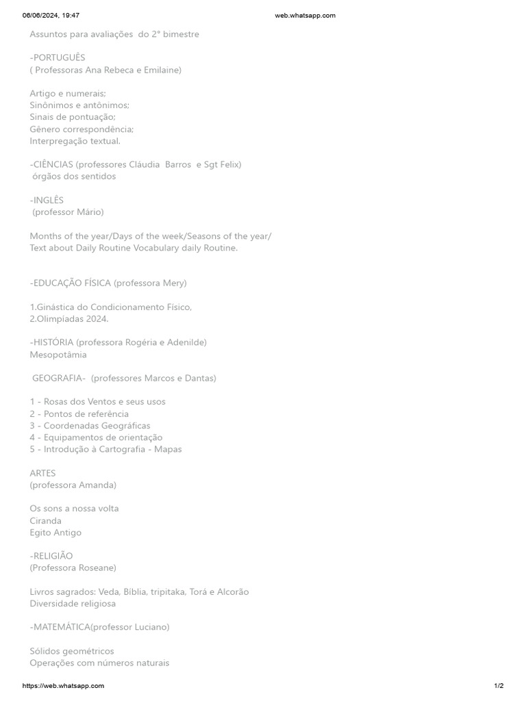 ASSUNTOS DO 2º BIMESTRE | PDF