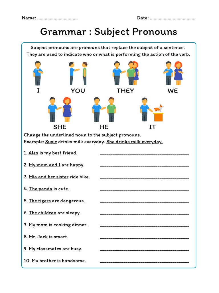 Subject Pronouns English Worksheet in Blue | PDF