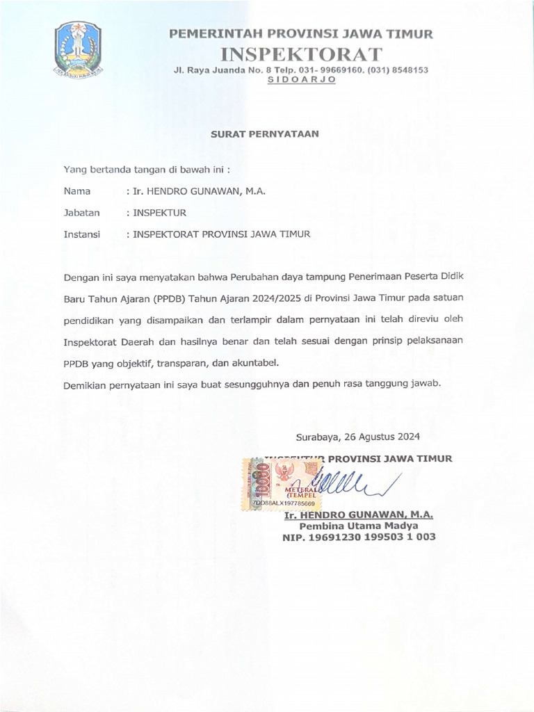 Surat Pernyataan Inspektorat - Lampiran - Tikppersuratan UPT TIKP | PDF