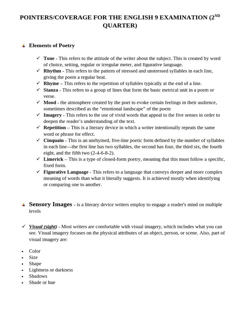 Pointers For 2ND Quarter Examination English 9 | PDF | Poetry | Taste