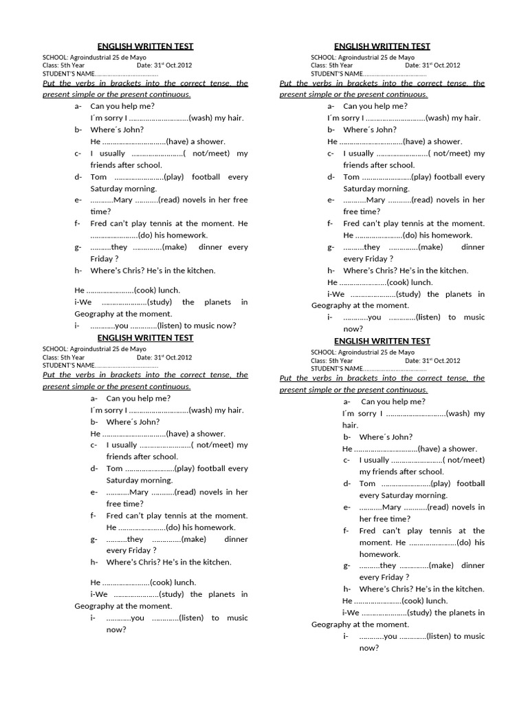 ENGLISH WRITTEN TEST P Simple and Cont 2012 | PDF