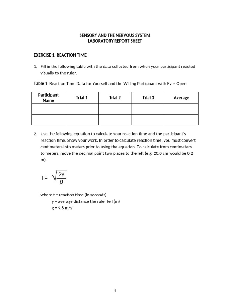 Sensory and the Nervous System Laboratory Report Sheet | PDF
