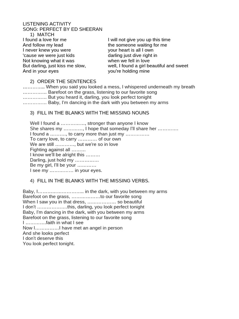 LISTENING ACTIVITY Song Perfect | PDF