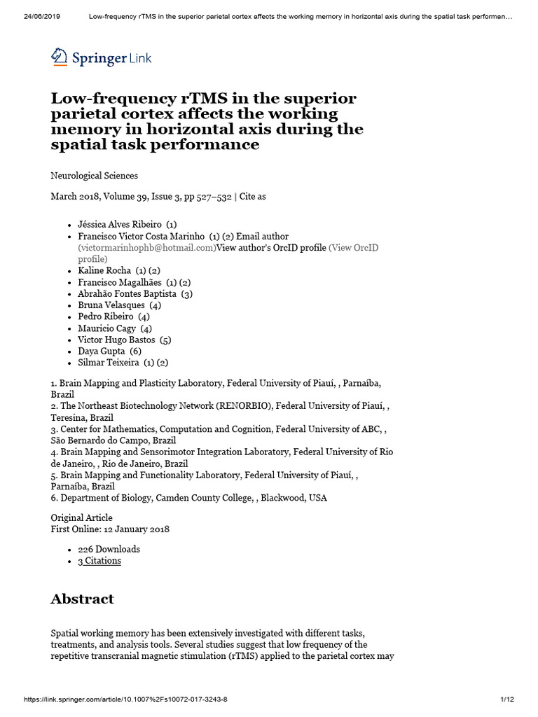 Low-Frequency RTMS in The Superior Parietal Cortex Affects The Working Memory in Horizontal Axis ...