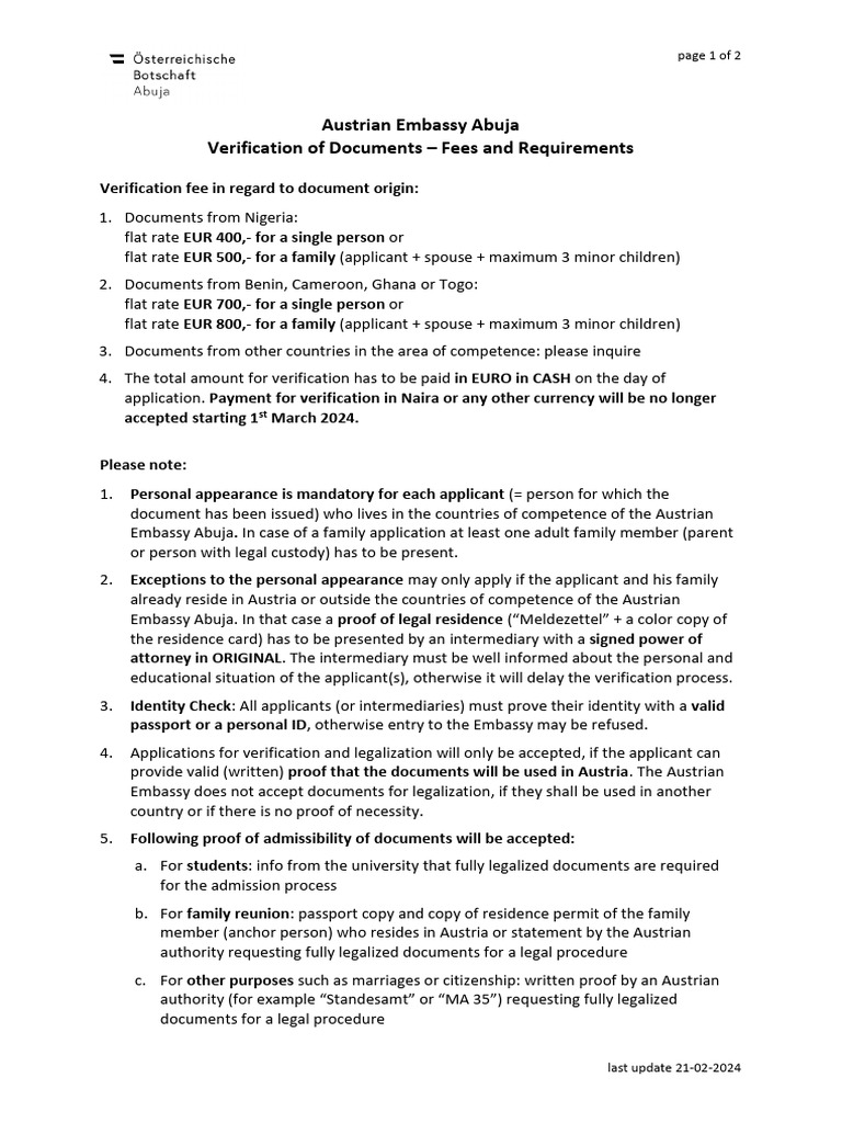 Verification of Documents - Fees and Requirements 21-02-2024 | PDF