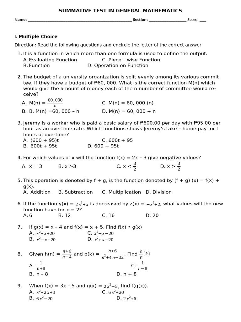 Summative Test in General Mathematics | PDF Summative Test in General Mathematics | PDF
